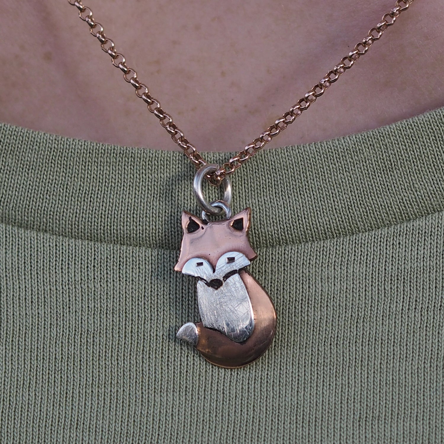 Fox pendant in copper and sterling silver